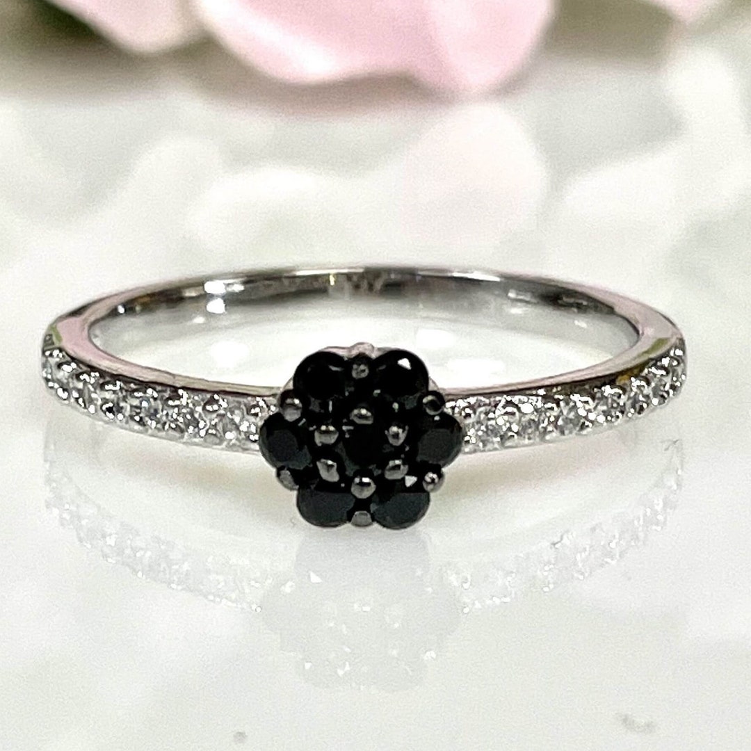 Cluster Black CZ Flower Ring Solid 925 Sterling Silver Flower Dainty CZ ...