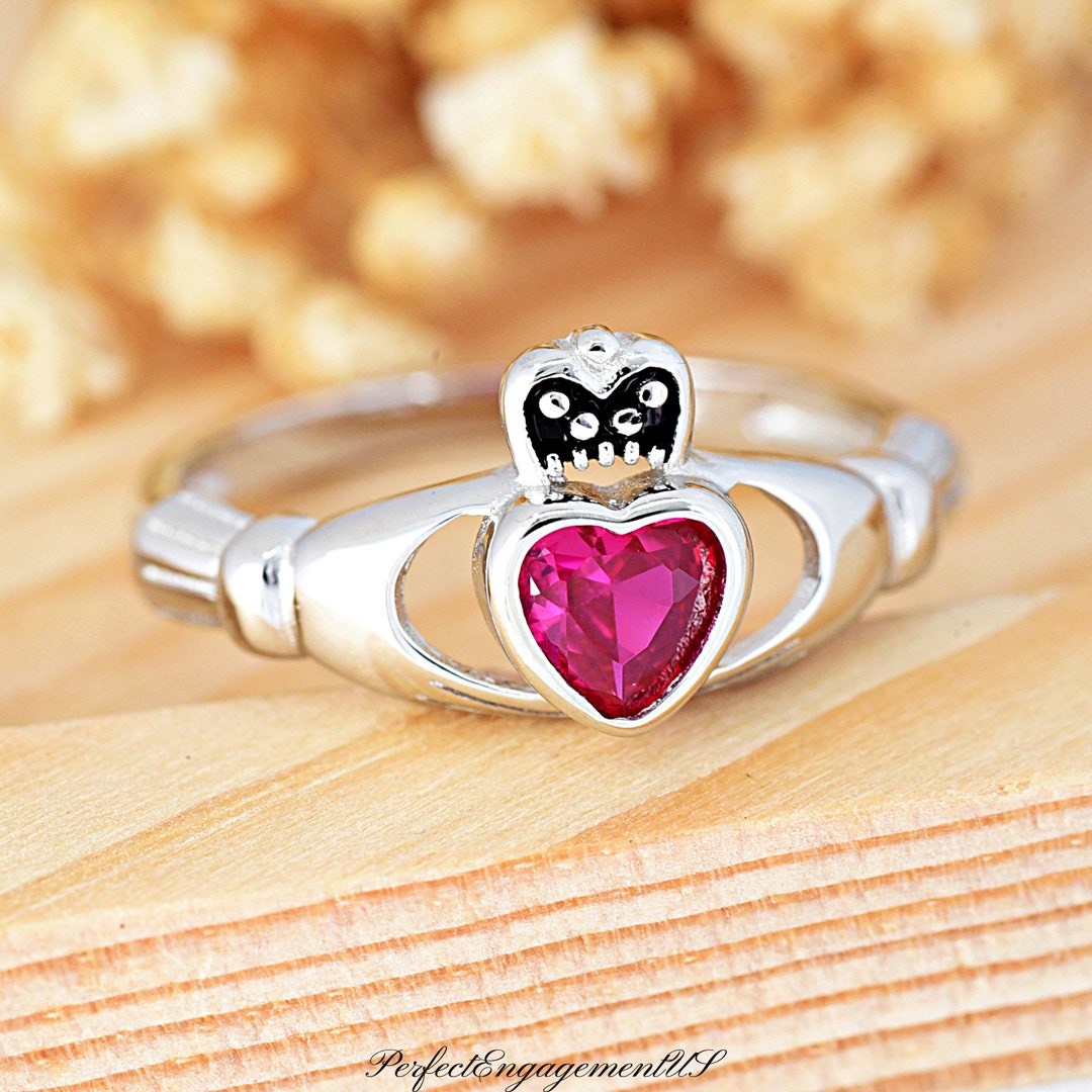 Bezel Set Ruby CZ Claddagh Hands Crown Ring | Solid 925 Sterling Silver ...
