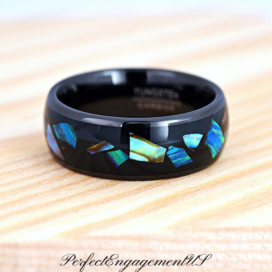 Opal & Abalone Fragments Inlay Tungsten Ring, Black IP Dome Wedding ...