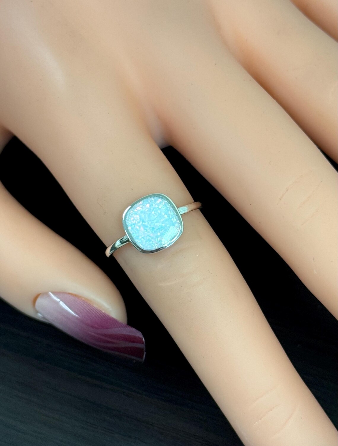 Simple 9mm Square Opal Bezel Set Engagement Ring | Solid 925 Sterling ...
