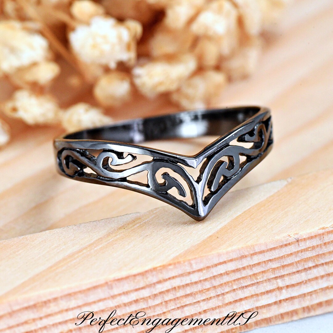 Black Silver Filigree V Shape Ring Black Rhodium Plated Solid 925 ...