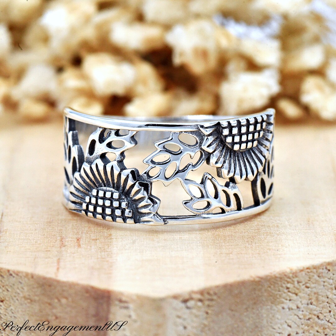 Sunflower With Leaves Statement Ring Solid 925 Sterling Silver Flower ...