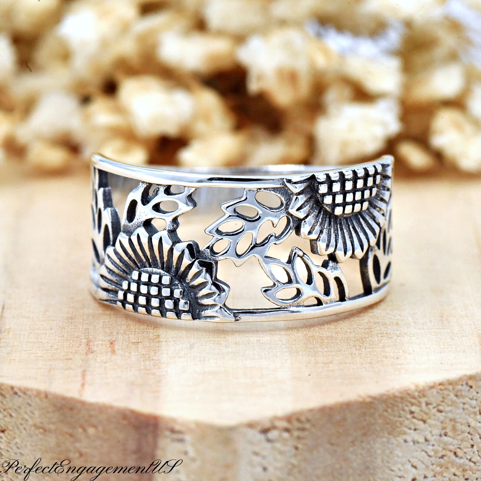 Sunflower With Leaves Statement Ring | Solid 925 Sterling Silver Flower ...