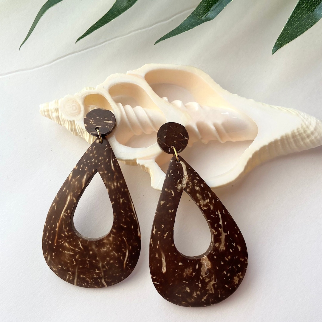 Brown Coconut Earrings, Statement Tropical Earrings, Ocean Shell ...