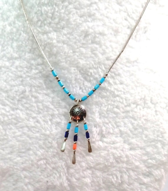 16" Liquid Silver Shield Necklace with Turquoise Stat… - Gem
