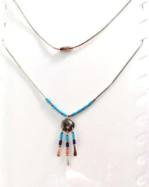 16" Liquid Silver Shield Necklace with Turquoise Stat… - Gem