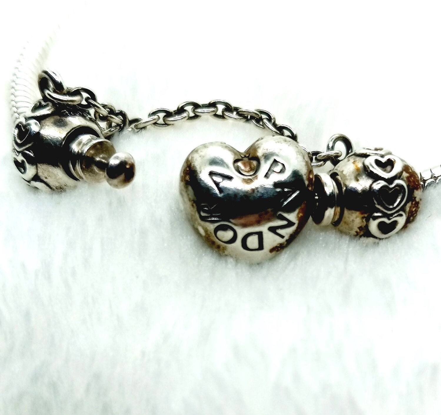 7 Pandora Moments Heart Clasp Snake Chain Bracelet With 3 Band of ...