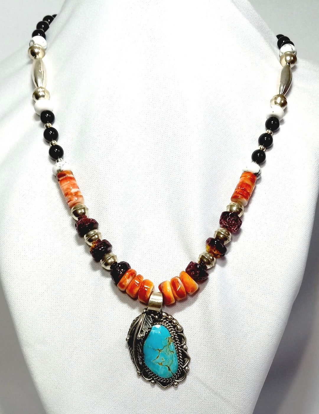 BEGAY SPINY OYSTER/ White Buffalo Beaded 22" Necklace With Turquoise ...