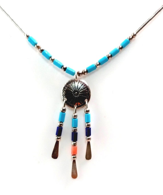 16" Liquid Silver Shield Necklace with Turquoise Stat… - Gem