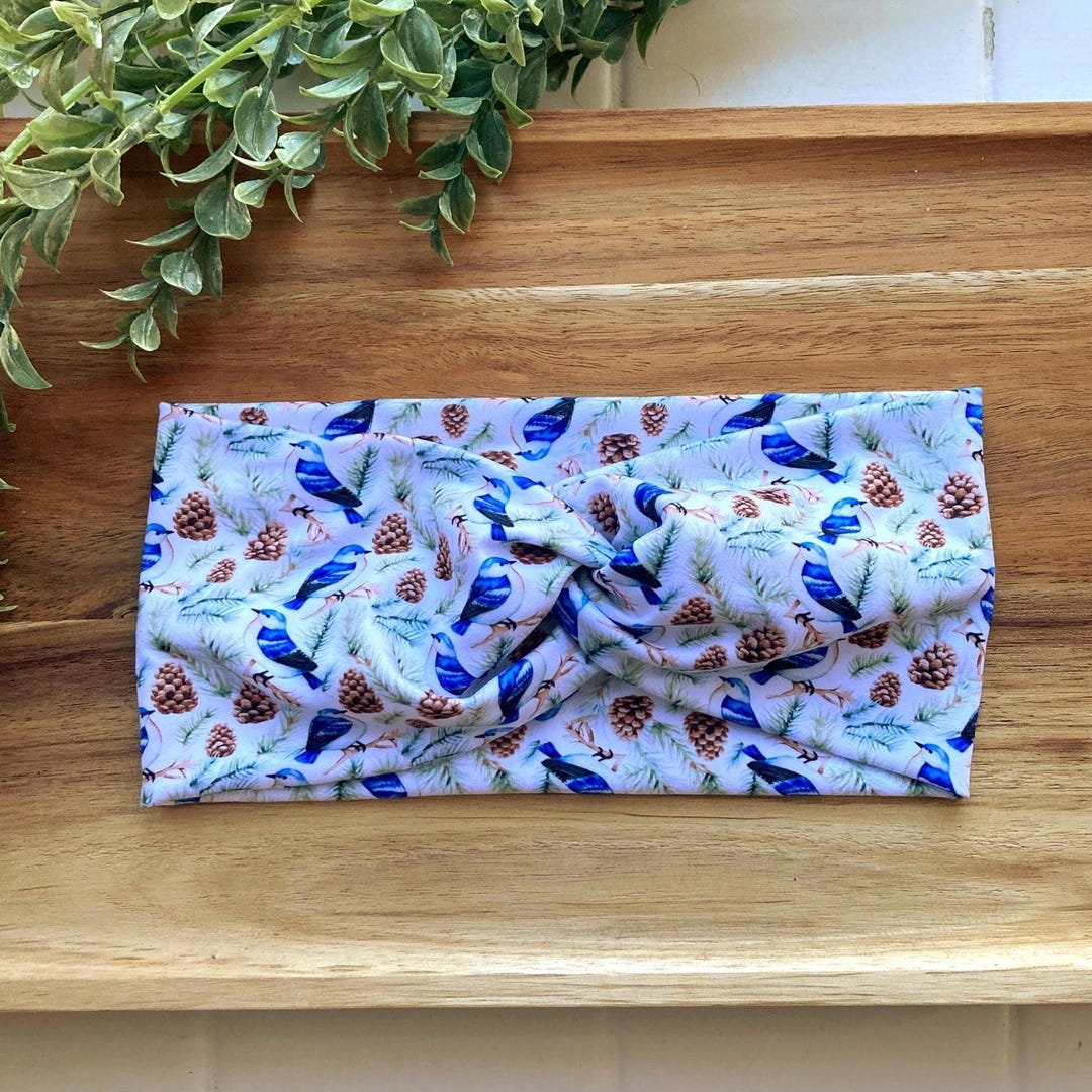 Winter Blue Bird Wide Twist Headband - Soft Stretchy Forest Headband ...