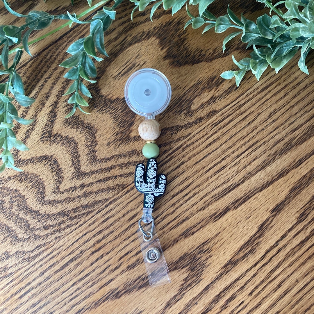 Personalized Aztec Cactus Beaded Badge Reel | Southwestern Desert Badge ...