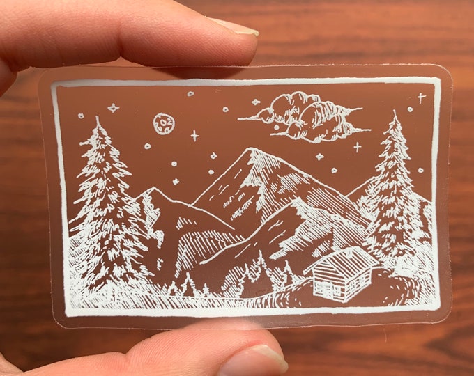 Nighttime Cabin Clear Vinyl Sticker Durable Weatherproof White Outline ...