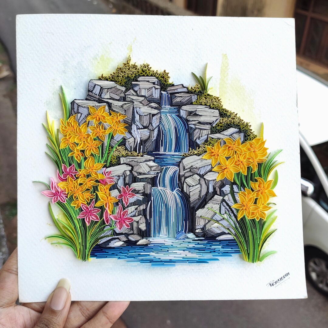Quilled 'waterfall' Wall Art, Landscape Art, 3d Framed Paper Art ...