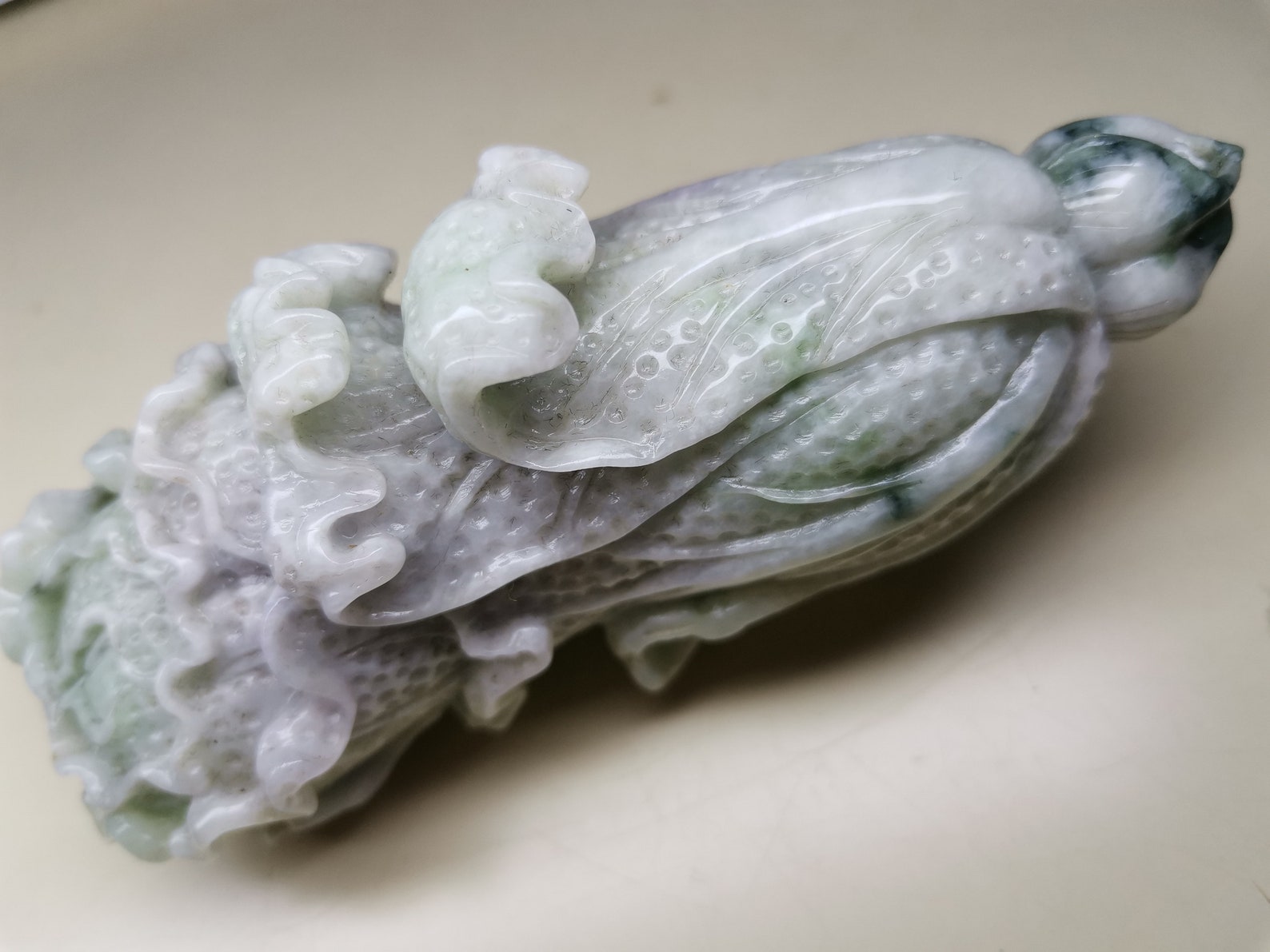 Icy Ice Multi Color Burma Jadeite Jade Cabbage Ornament/精雕冰春彩百财白菜天然缅甸翡翠 ...