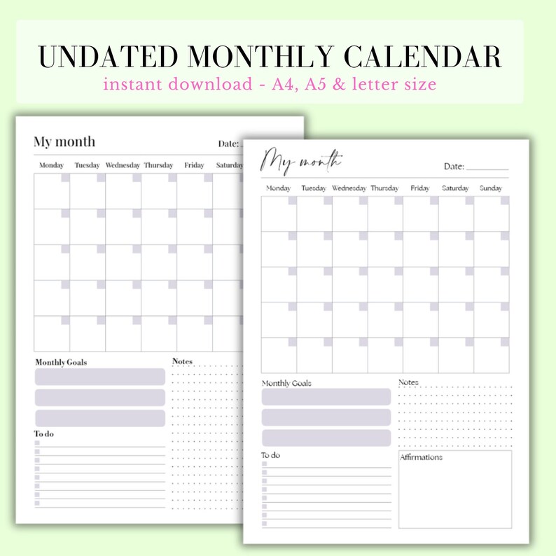 Printable Undated Monthly Calendar. A4 A5 Letter Size - Etsy