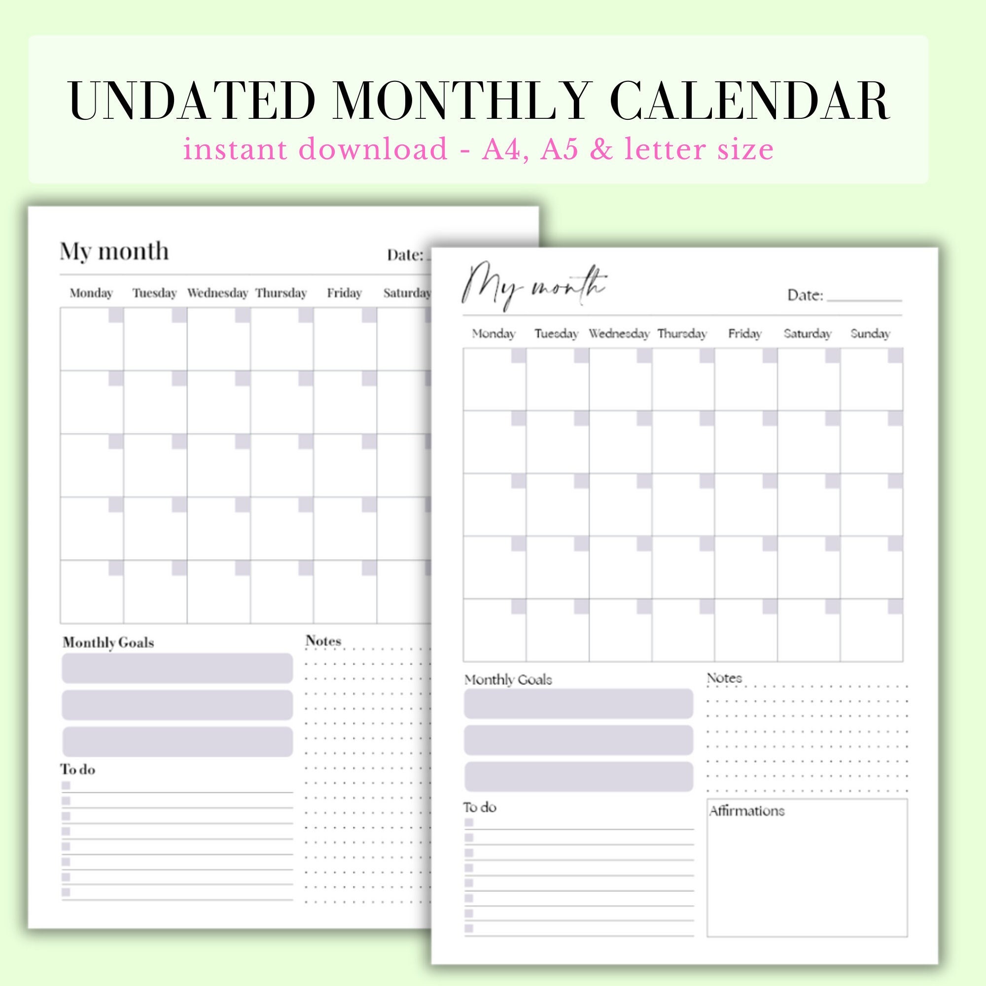 Printable Undated Monthly Calendar. A4 A5 Letter Size - Etsy