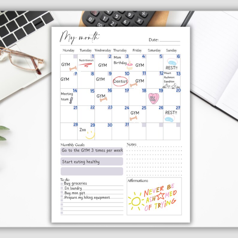 Printable Undated Monthly Calendar. A4 A5 Letter Size - Etsy