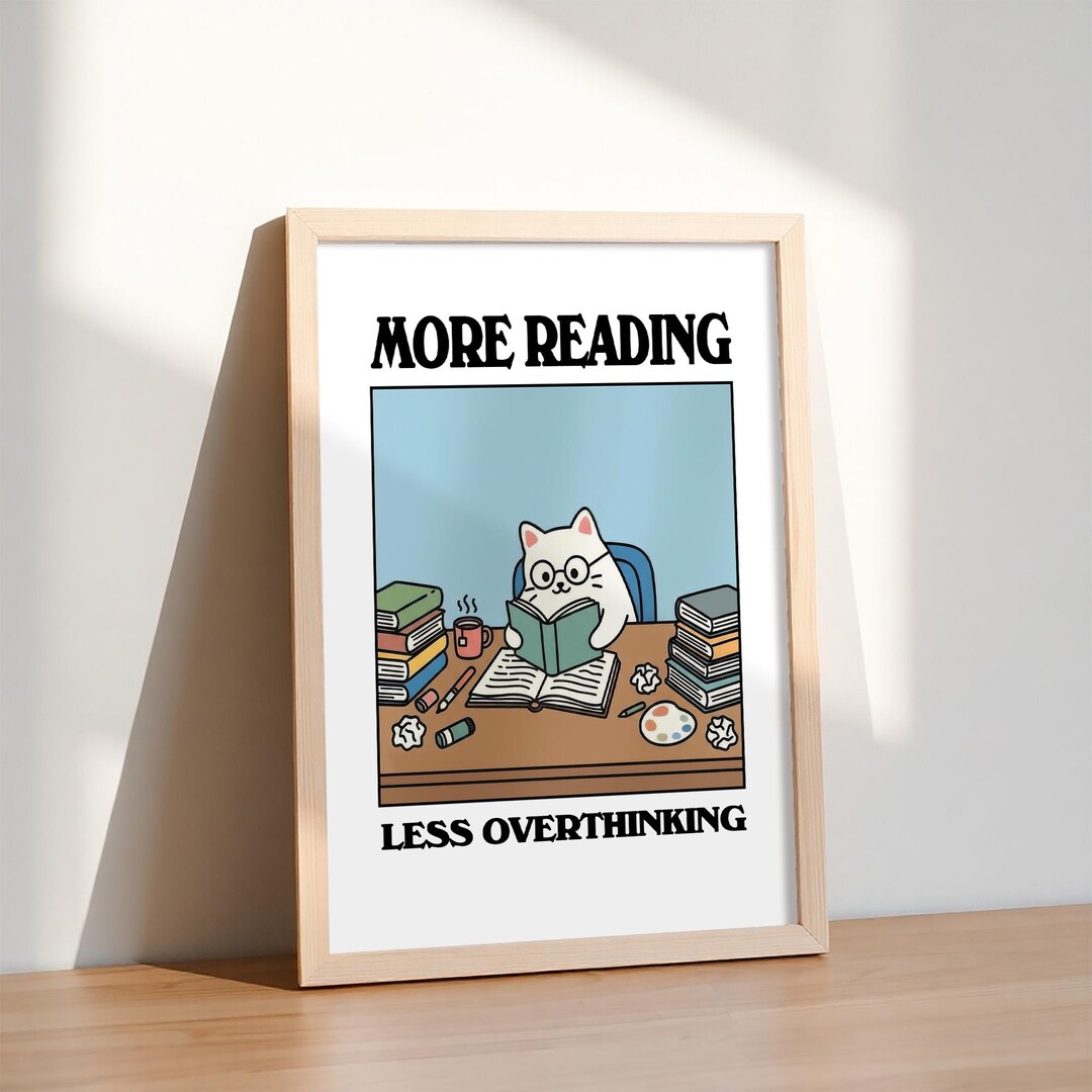 Retro Cat Poster More Reading Less Overthinking Funny Wall Art Vintage ...