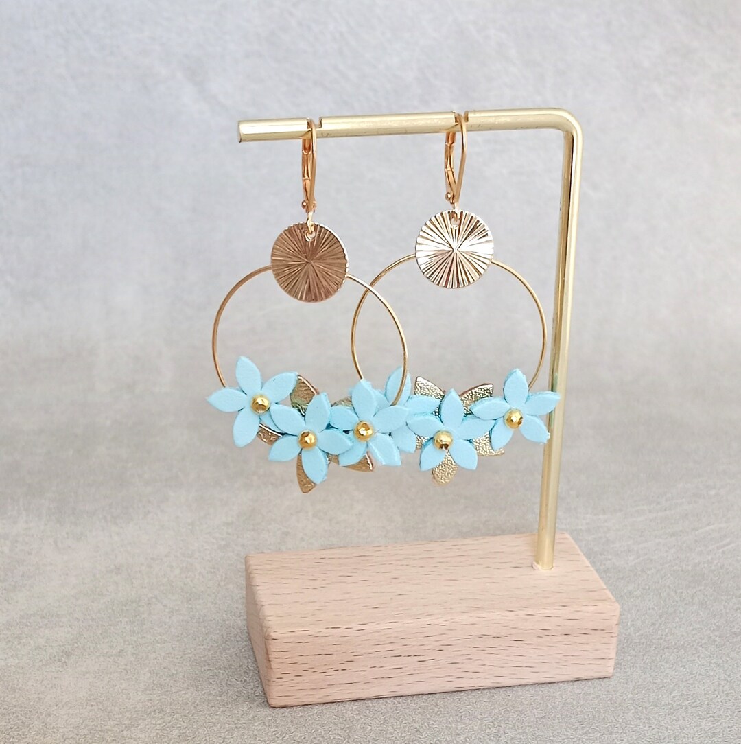 Creole Flower Earrings in Light Blue Gold Leather Gold Plated Hoop ...