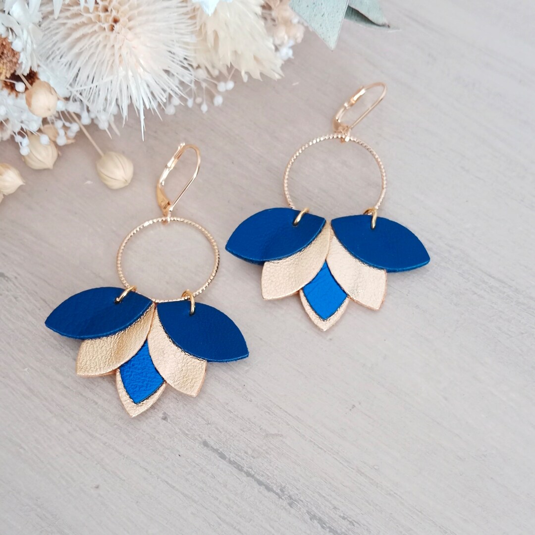 Mya Earrings in Navy Electric Blue Leather and Gold, Gold-plated ...