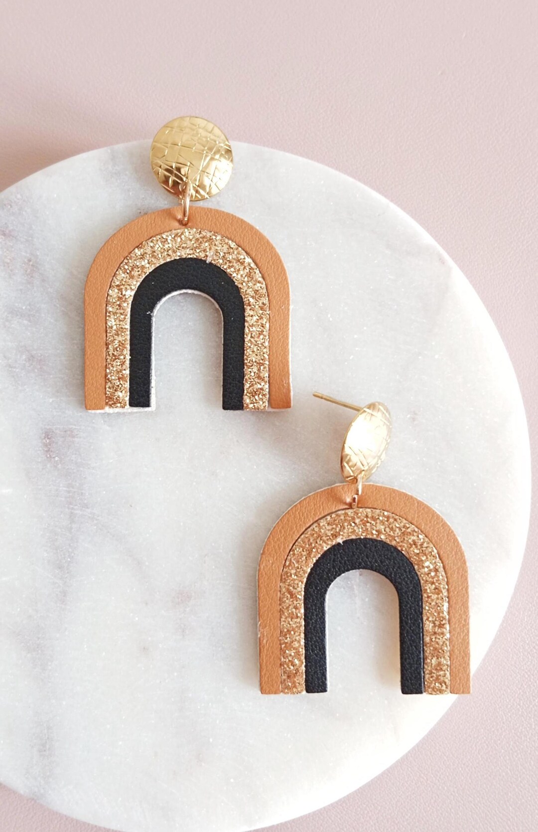 Camel Vegan Leather Rainbow Earrings With Gold and Black Glitter ...