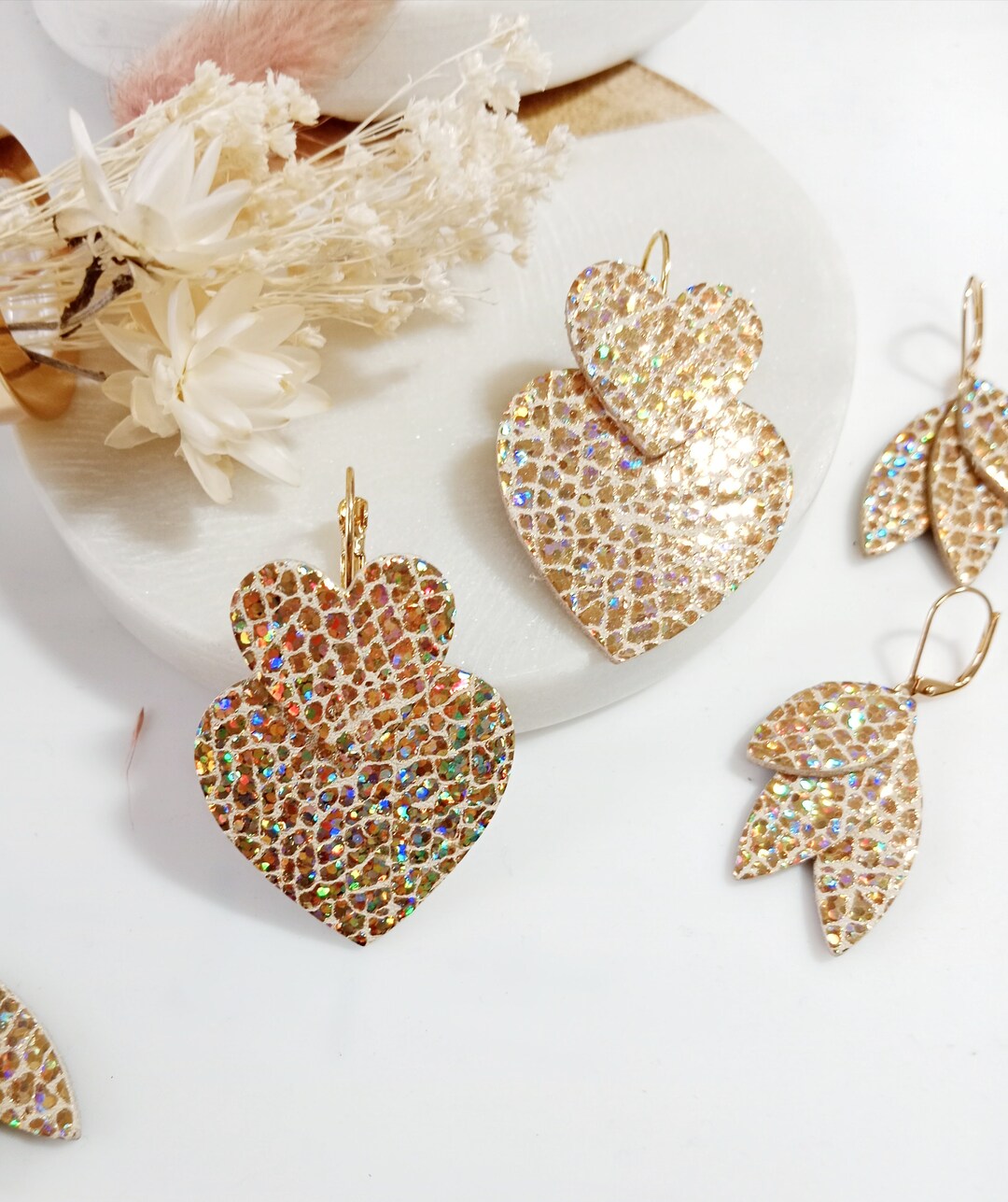 LUX Heart Earrings Genuine Beige Leather Holographic Gold - Original ...