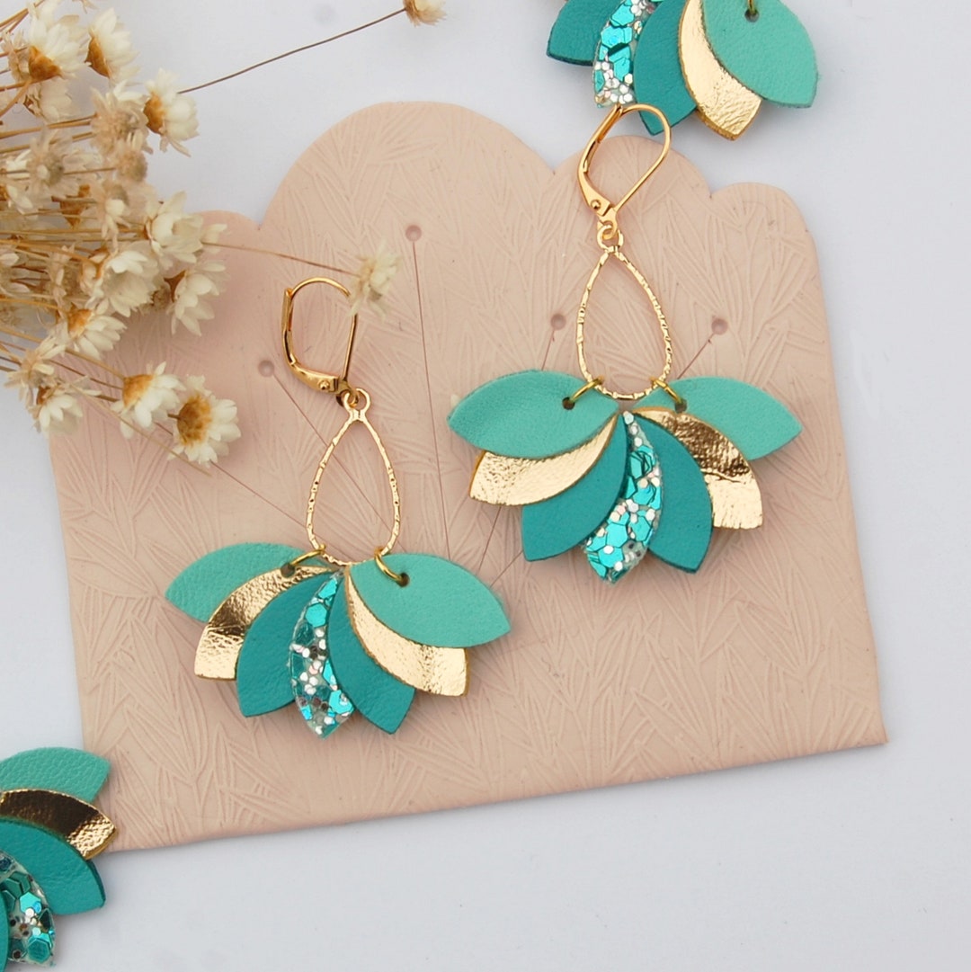 Eva Earrings in Green Leather and Gold, Gold-plated Jewelry - Women's ...