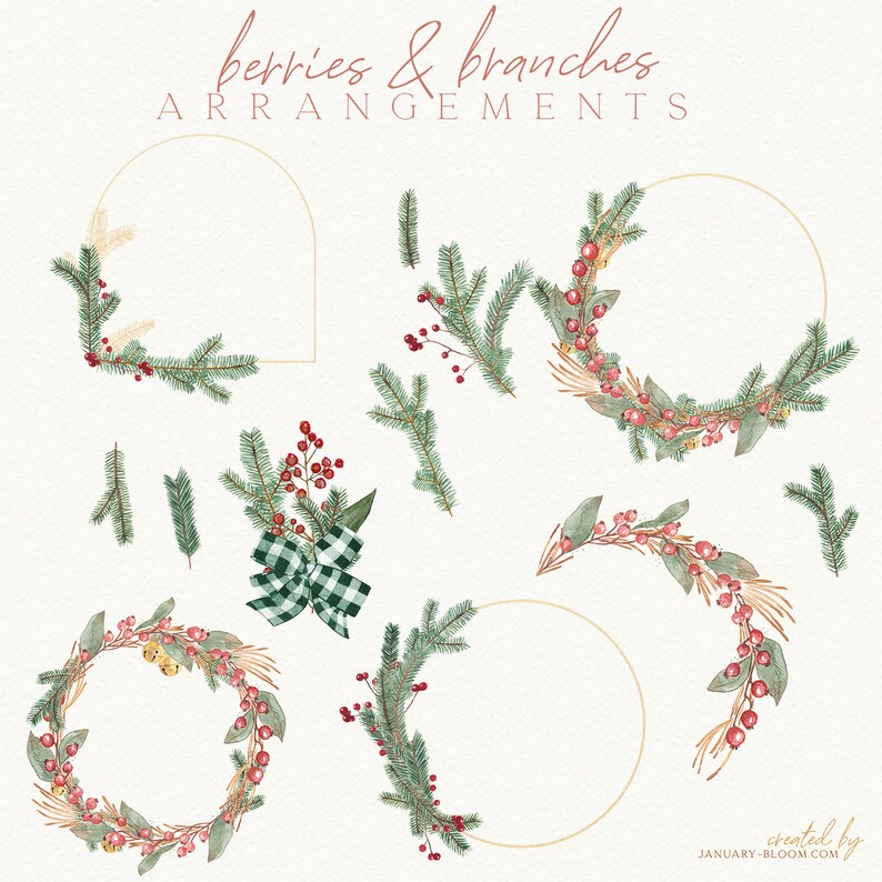Watercolor Christmas Berries & Branches Traditional Clipart Winter ...