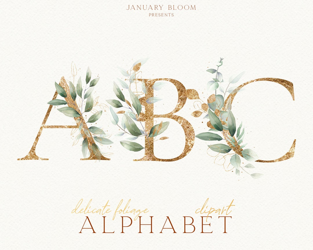 Watercolor Foliage ALPHABET Gold Eucalyptus Digital Lettering Clipart ...