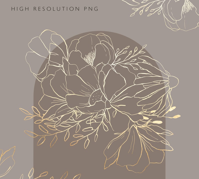 Fine Art Gold Foil Floral Line Art Clipart - Botanical Bouquet Foliage ...