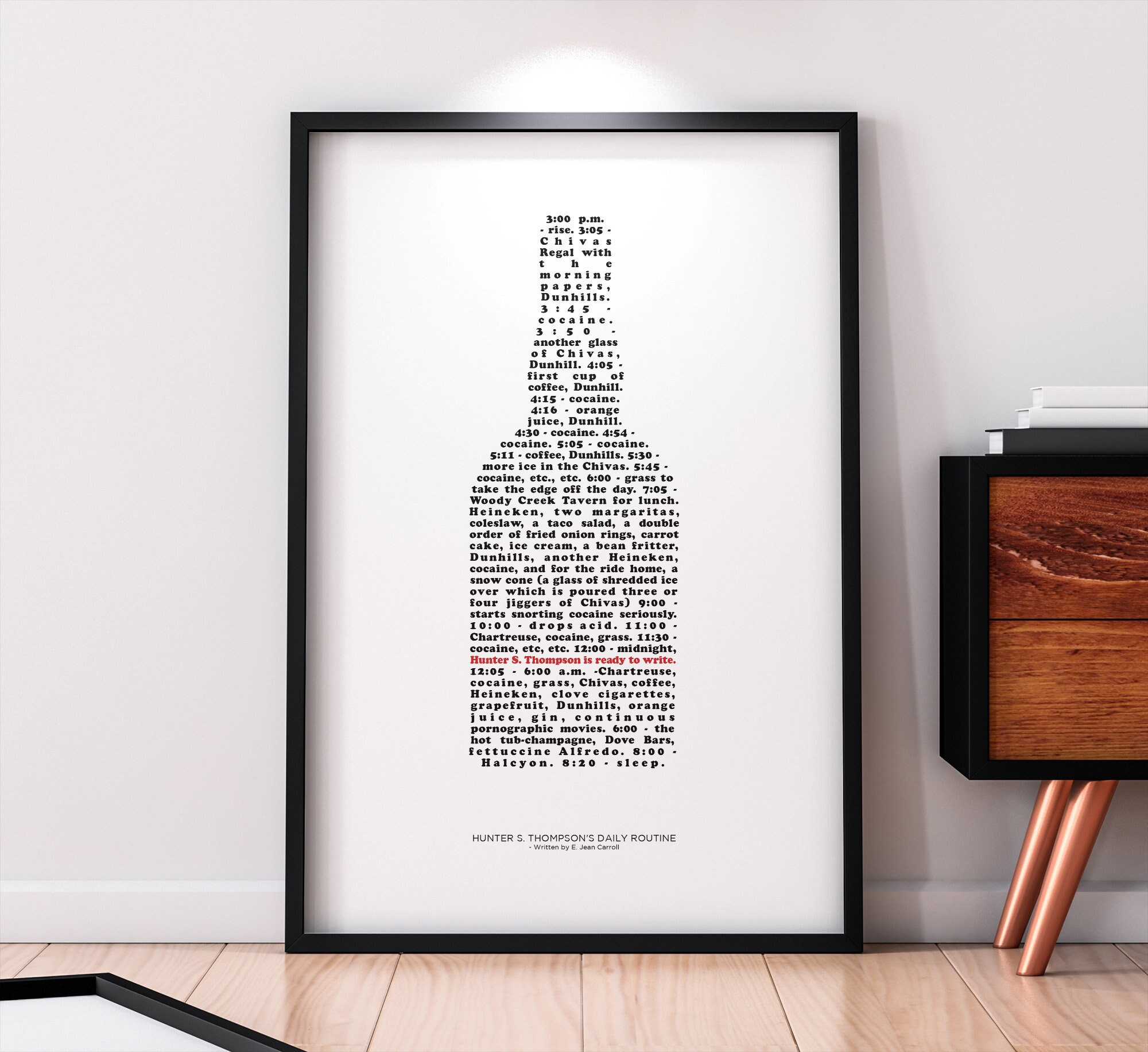 Cool Hunter Thompson DAILY ROUTINE, Original Design, Famous Quote, Art ...