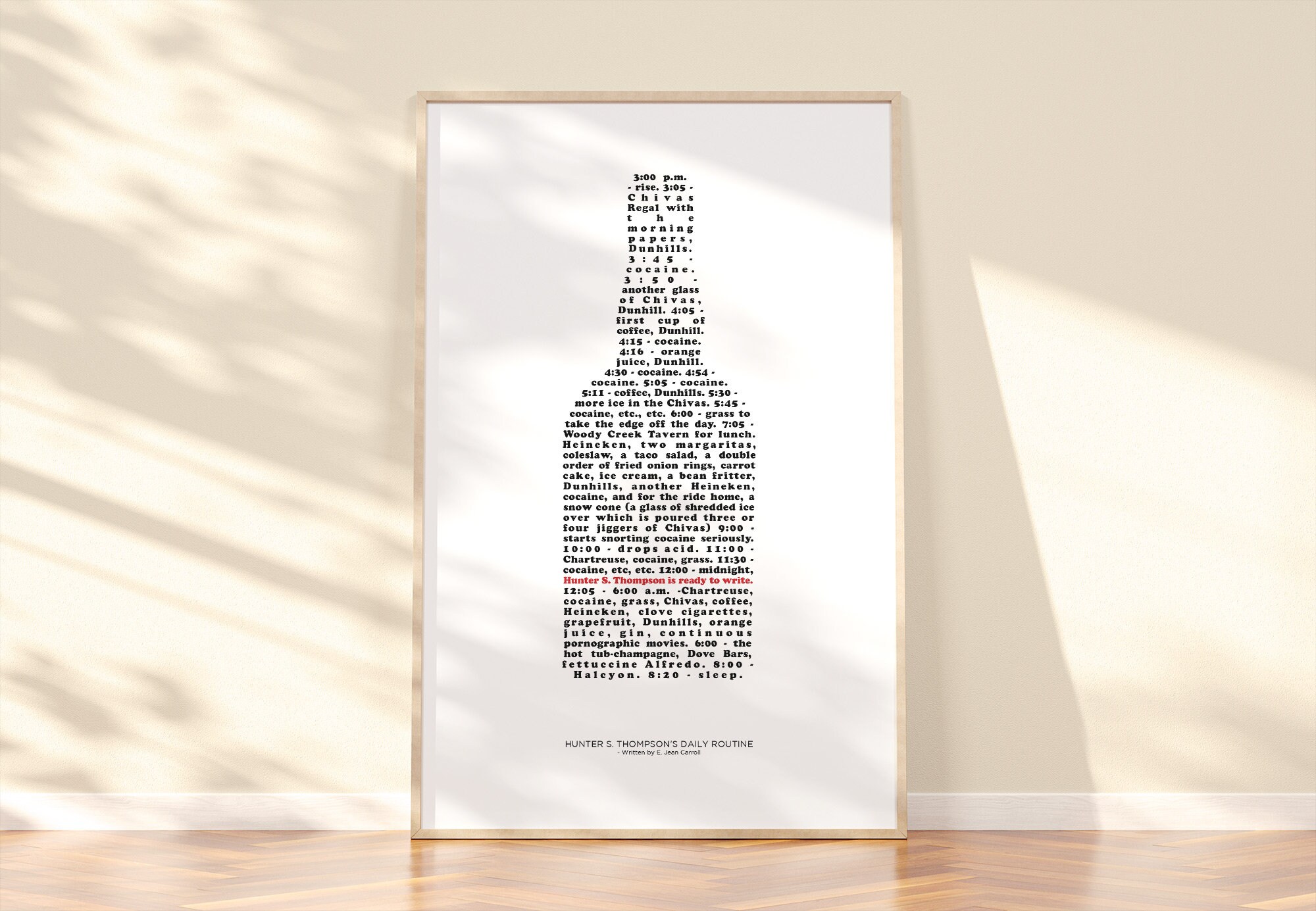 Cool Hunter Thompson DAILY ROUTINE, Original Design, Famous Quote, Art ...