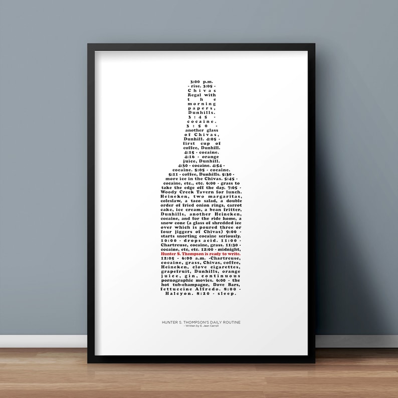 Cool Hunter Thompson DAILY ROUTINE, Original Design, Famous Quote, Art ...