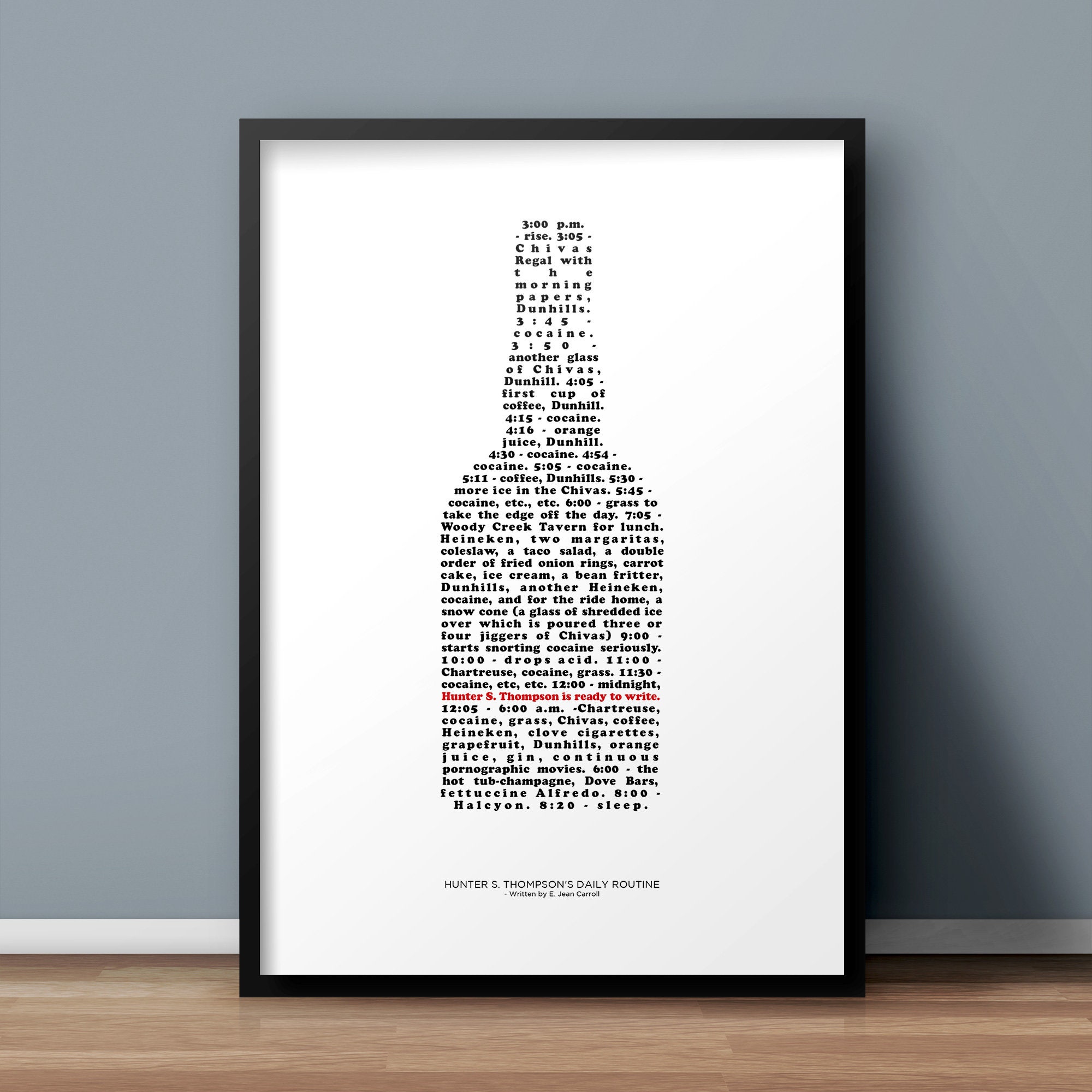 Cool Hunter Thompson DAILY ROUTINE, Original Design, Famous Quote, Art ...