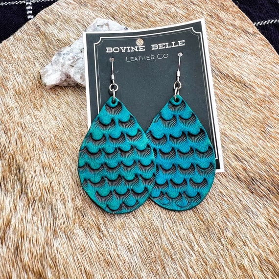 Hand Tooled Teardrop Mermaid Scales Turquoise Leather Earrings - Etsy