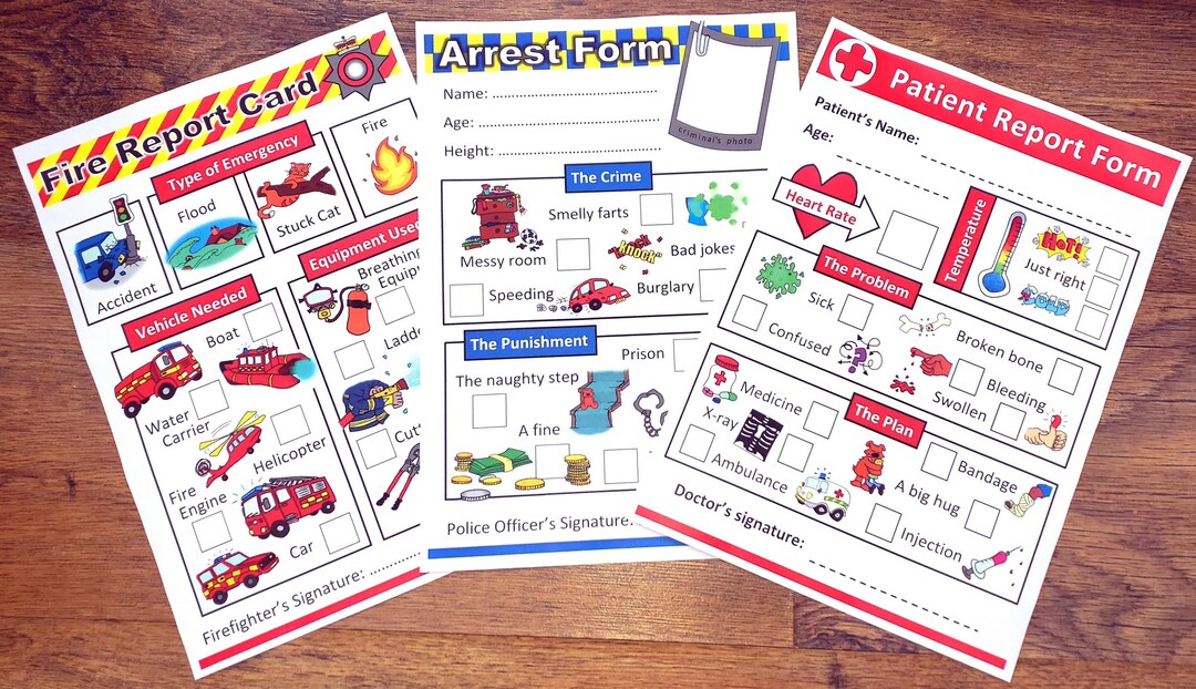 Emergency Services Set of Fun Printable Forms for Kids Play, Includes ...