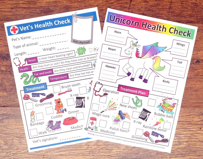 Vet's Health Check up Form and Unicorn Care Form Double PDF Printable ...