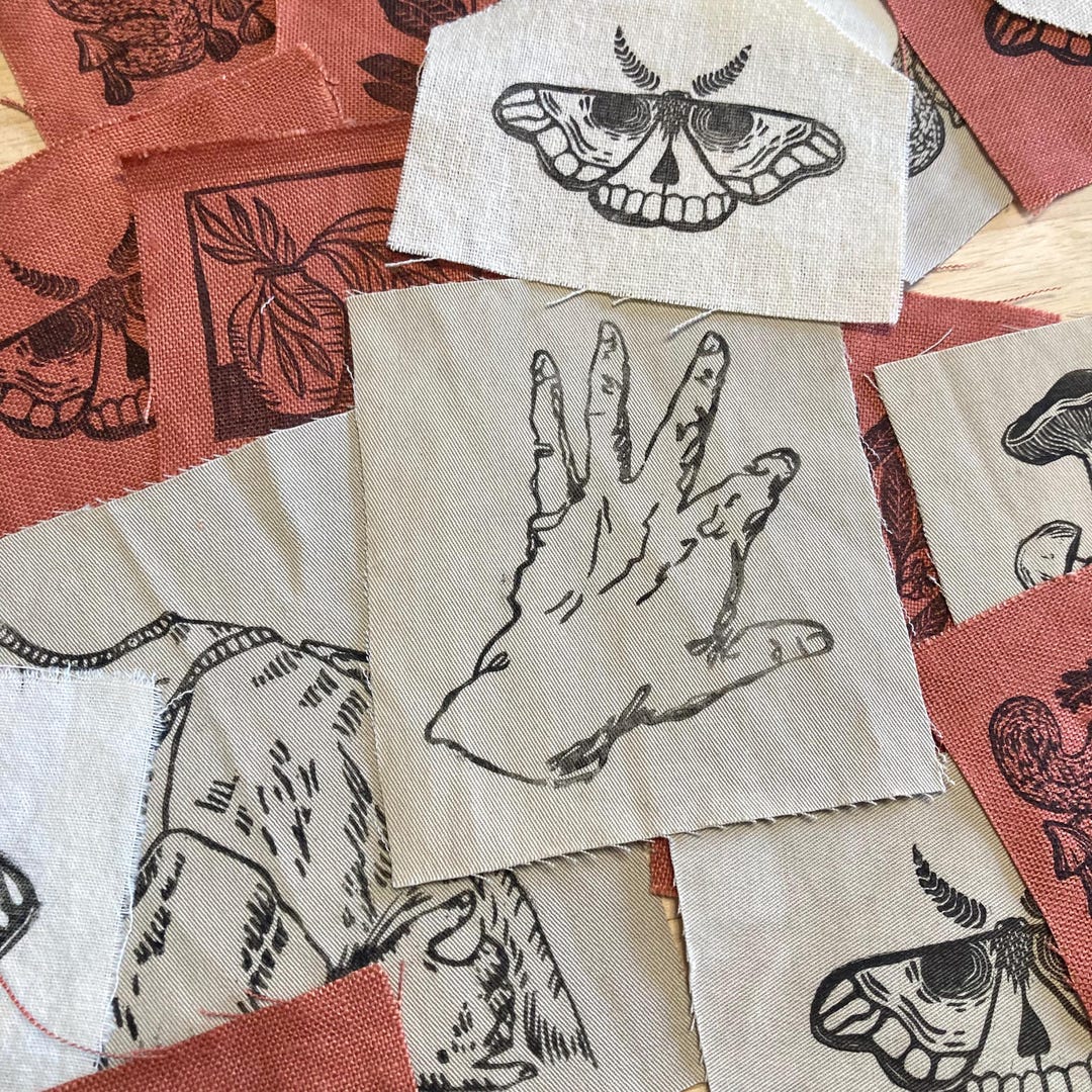 Linocut Patch Packs, Assorted Nature Patches, Hand Printed Fabric Plant ...