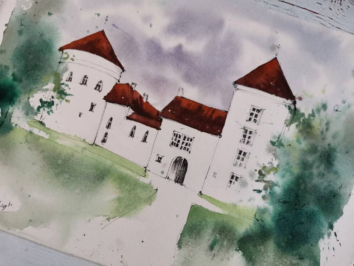 Original Watercolor Castle Painting 7 x 11 Inches Trees and | Etsy