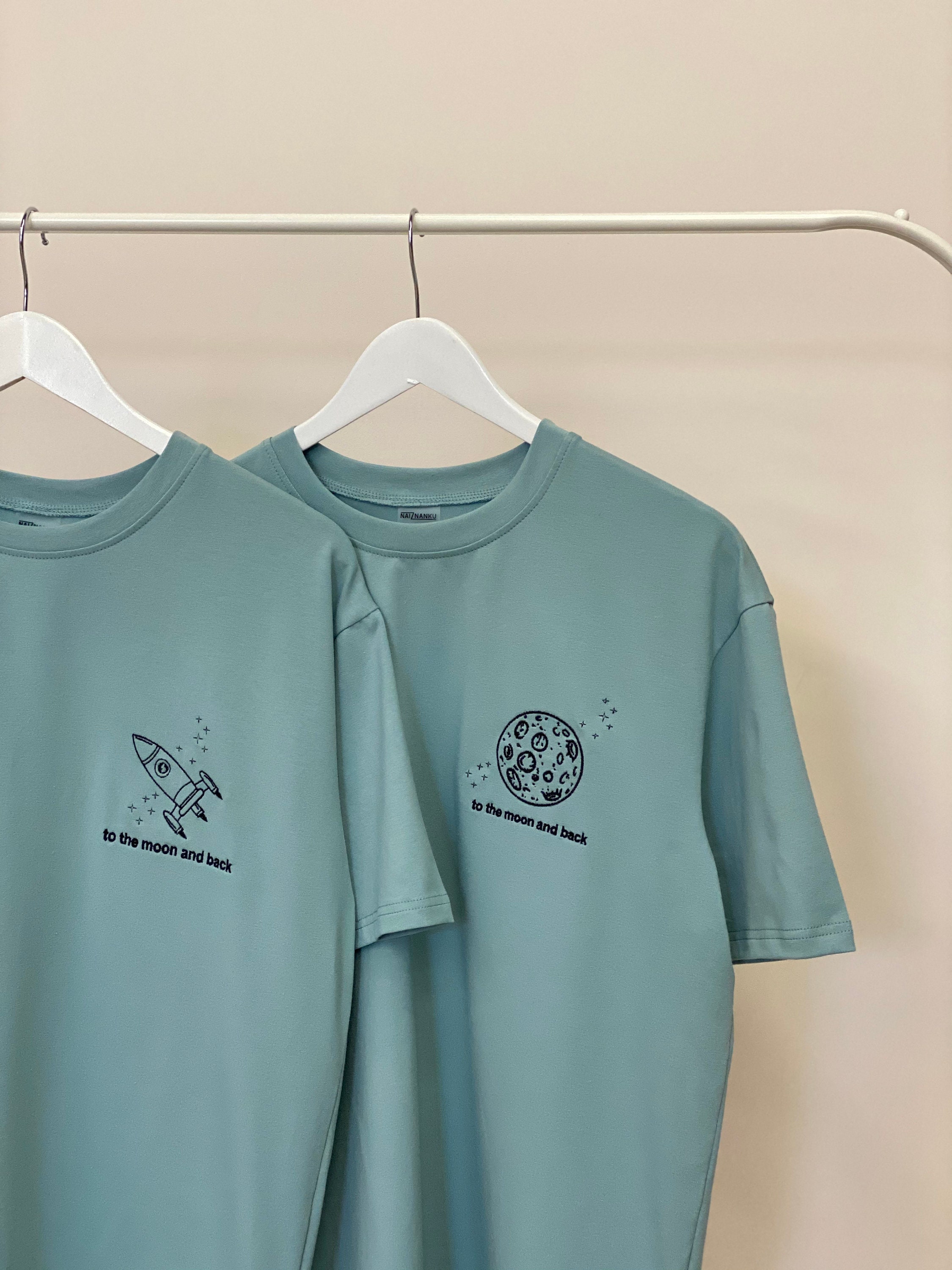 Couple Blue Embroidered Space Rocket and Moon Hoodies | Etsy