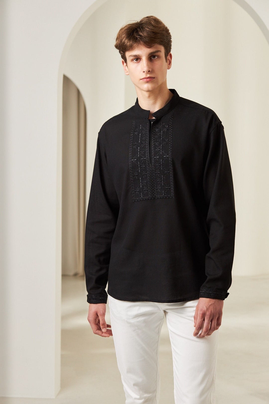 Male Embroidered Blouse Ornament Ethnic Linen Peasant Black White Shirt ...
