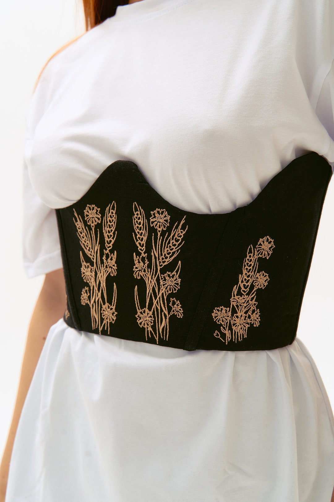 Floral Women's Linen Underbust Corset Top Embroidered Bustier Eyelet ...