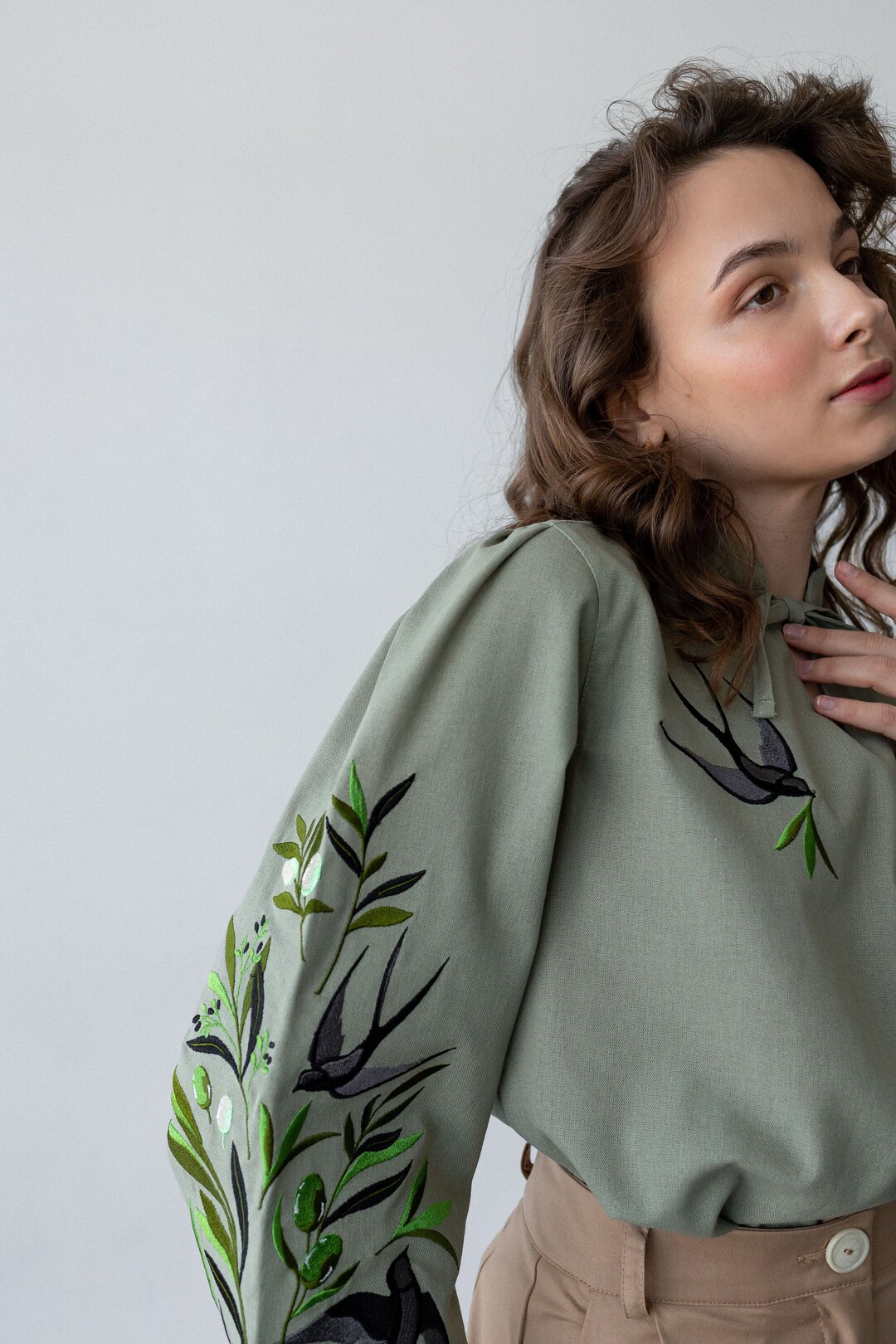 Embroidered Bird Swallow Ornament Ethnic Linen Blouse Shirt Boho Chic ...