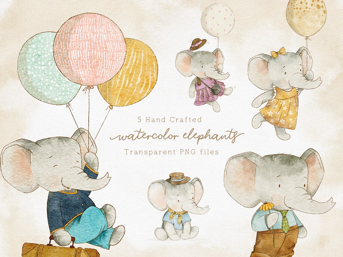 Watercolor Elephant Clipart Graphic, Cute Elephants With Balloons ...