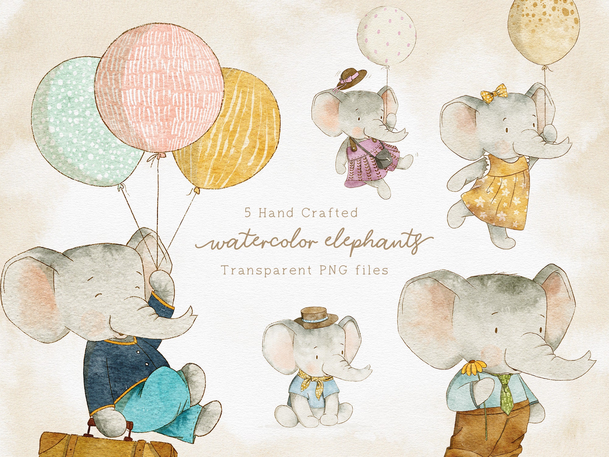 Watercolor Elephant Clipart Graphic, Cute Elephants With Balloons ...