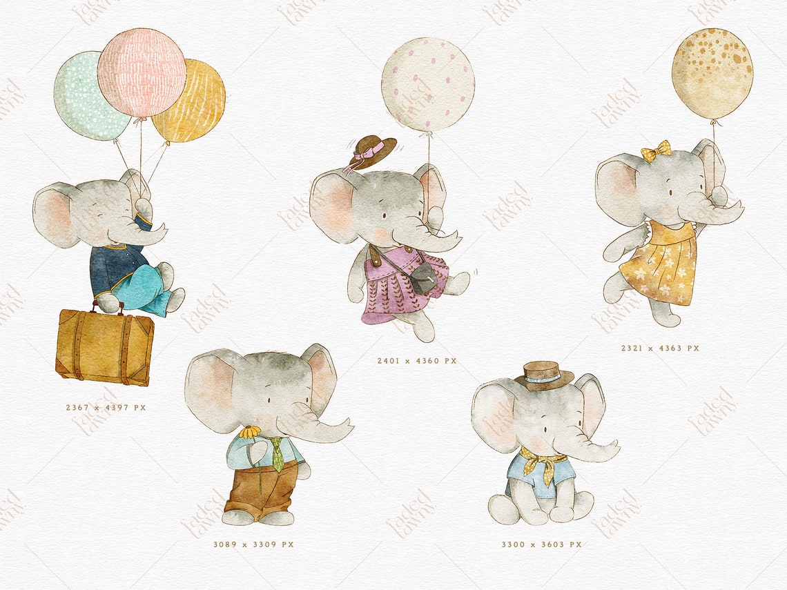Watercolor Elephant Clipart Graphic, Cute Elephants With Balloons ...