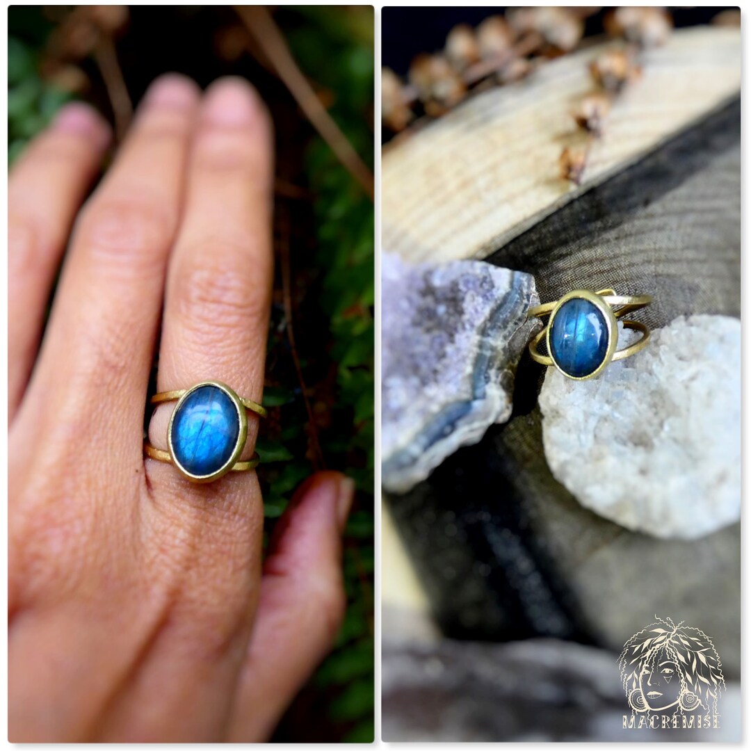 Indigo Array Ring Brass Blue Flash Labradorite Ring Crystal Ring ...