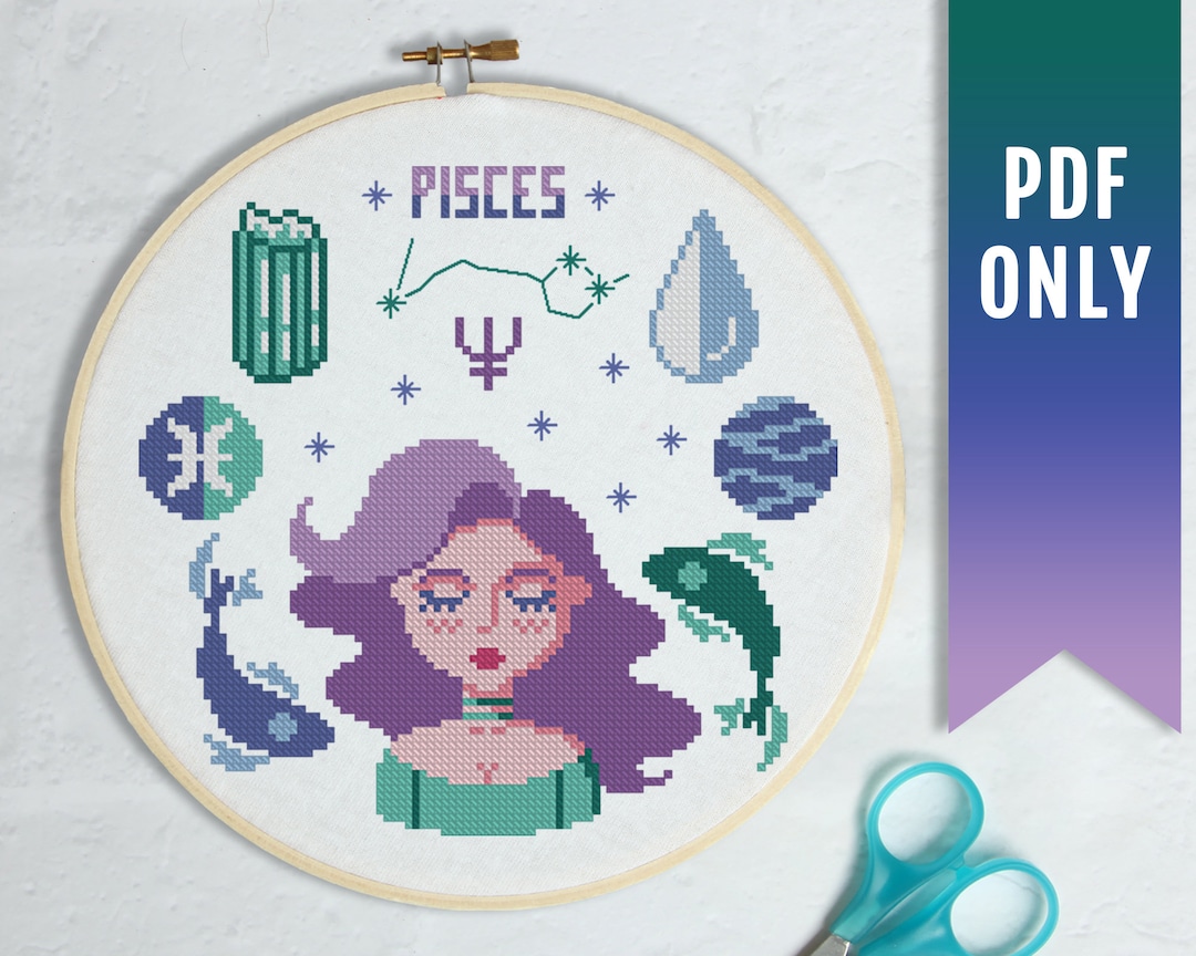 Pisces Zodiac Sign Cross Stitch Pattern to Download, Zodiac Sign Cross ...