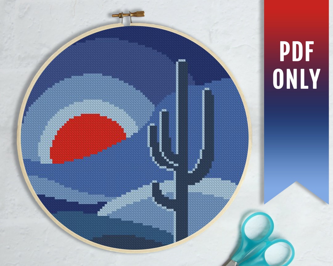 Cactus Desert Night Cross Stitch Pattern, Monochrome Landscape (PDF ...