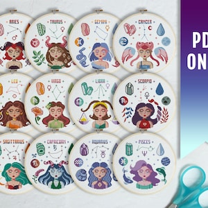 Zodiac Signs Cross Stitch Pattern PDF Bundle, Horoscope Girls (digital ...